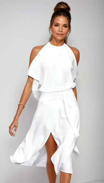 Sophie Asymmetrical Midi Dress - Lightweight Fabric & Off-Shoulder Ele ...
